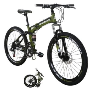 eurobike adult folding bike hy g6 bicycle 26 inches muti spoke wheels 21 speed dual suspension folding mountain bike (g6 armygreen -kt 32 spoke)