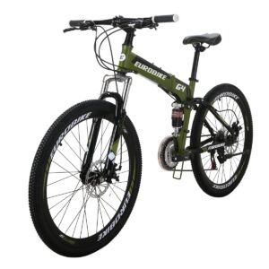 EUROBIKE Adult Folding Bike HY G6 Bicycle 26 Inches Muti Spoke Wheels 21 Speed Dual Suspension Folding Mountain Bike (G6 ArmyGreen -KT 32 Spoke)