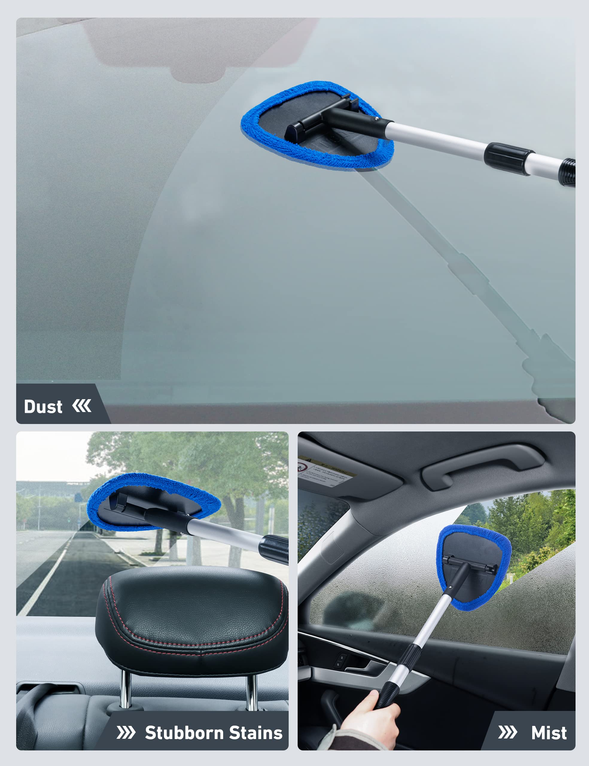 AstroAI Windshield Cleaning Tool, Car Window Cleaner Windshield Cleaner with 8 Reusable and Washable Microfiber Pads and Extendable Handle Auto Inside Glass Wiper Kit, Blue, 2 Pack