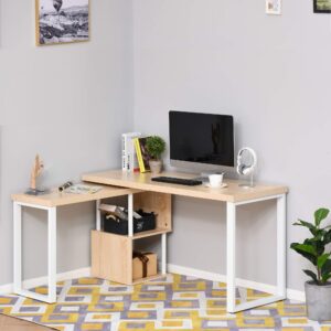 HOMCOM 55" 360 Degree Rotating Corner L-Shaped Computer Desk with Storage Shelves, Home Office Study Writing Workstation Modern Space-Saving Design, Oak