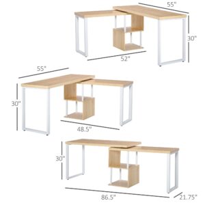 HOMCOM 55" 360 Degree Rotating Corner L-Shaped Computer Desk with Storage Shelves, Home Office Study Writing Workstation Modern Space-Saving Design, Oak