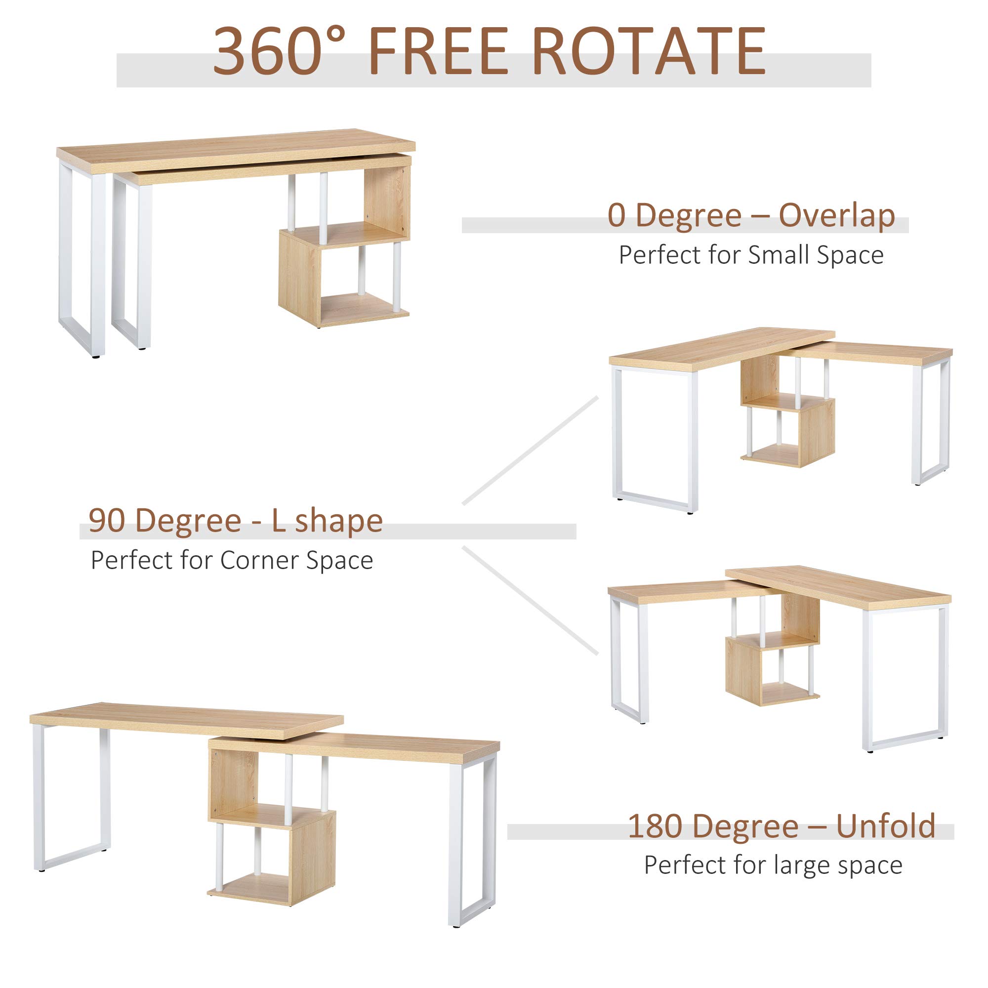 HOMCOM 55" 360 Degree Rotating Corner L-Shaped Computer Desk with Storage Shelves, Home Office Study Writing Workstation Modern Space-Saving Design, Oak