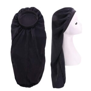 extra long silky satin bonnet sleep cap long bonnet cap for braids hair loose cap (black)