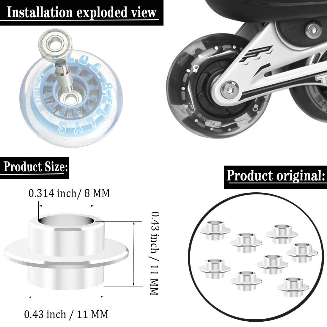 Newsfana Aluminum spacers Skates 8-Pack Spacers for Inline Skate 8mm Axles Spacers (Silver)