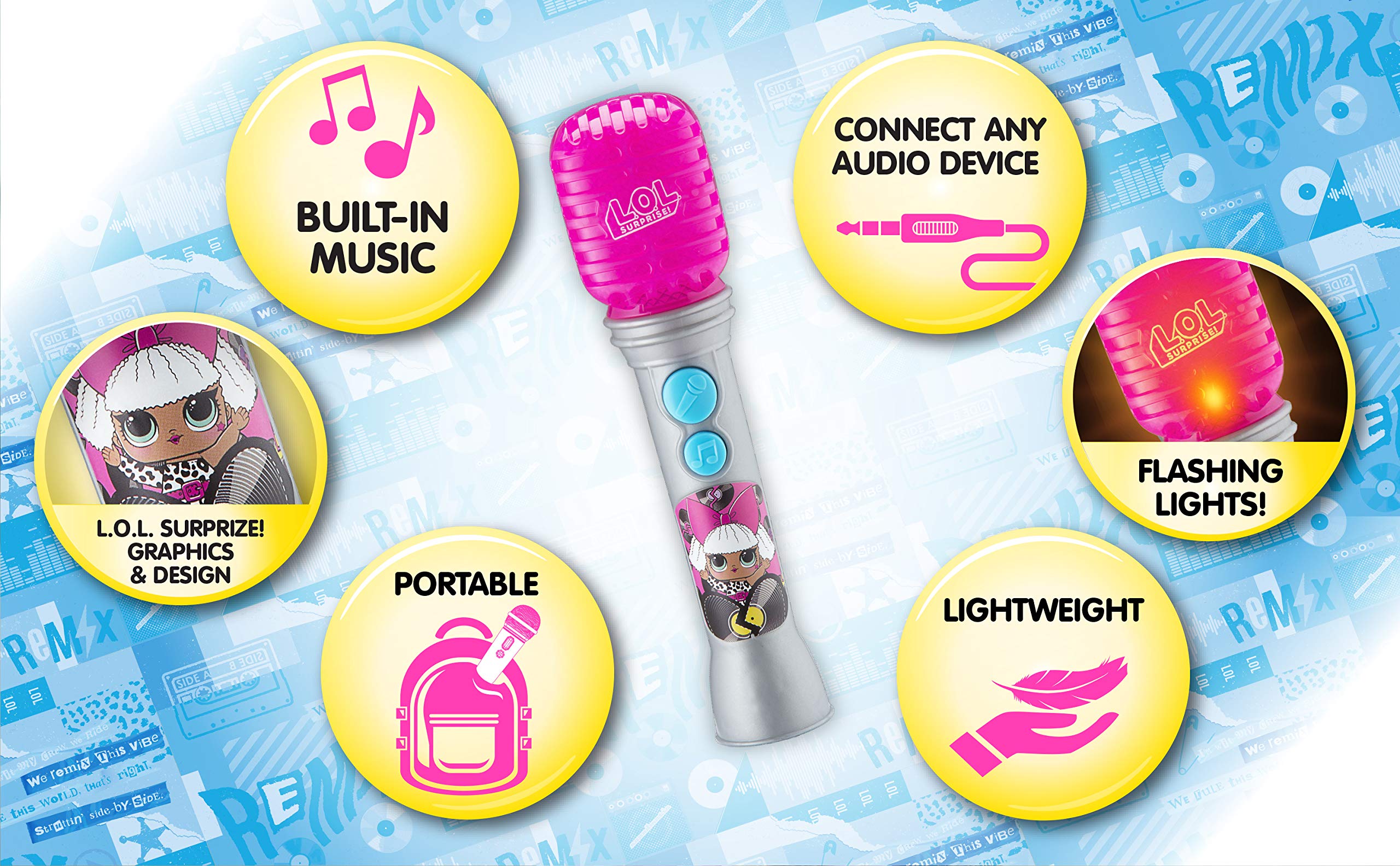 eKids LOL Surprise OMG Remix Toy Microphone for Kids with Built in Music and Flashing Lights, Musical Toy Designed for Fans of LOL Surprise Toys for Girls Pink Small