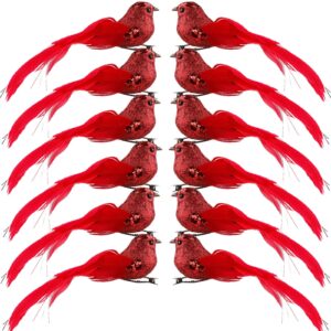 wddh 12pcs artificial christmas cardinal birds, 6inch glitter mini foam red christmas birds with long tail feather, clip-on christmas tree ornament small bird figurine for home garden wedding decor