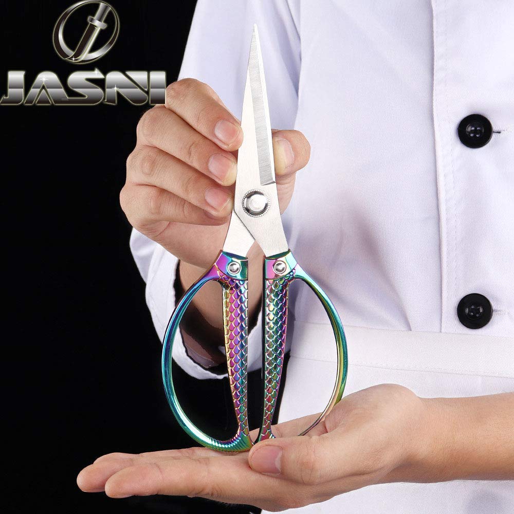 Jasni Fish pattern Powerful kitchen scissors professional Heavy Duty Multi-Purpose pretty Color rainbow Titanium Coating Forged Stainless Steel fish bones Shears Office Home scissors