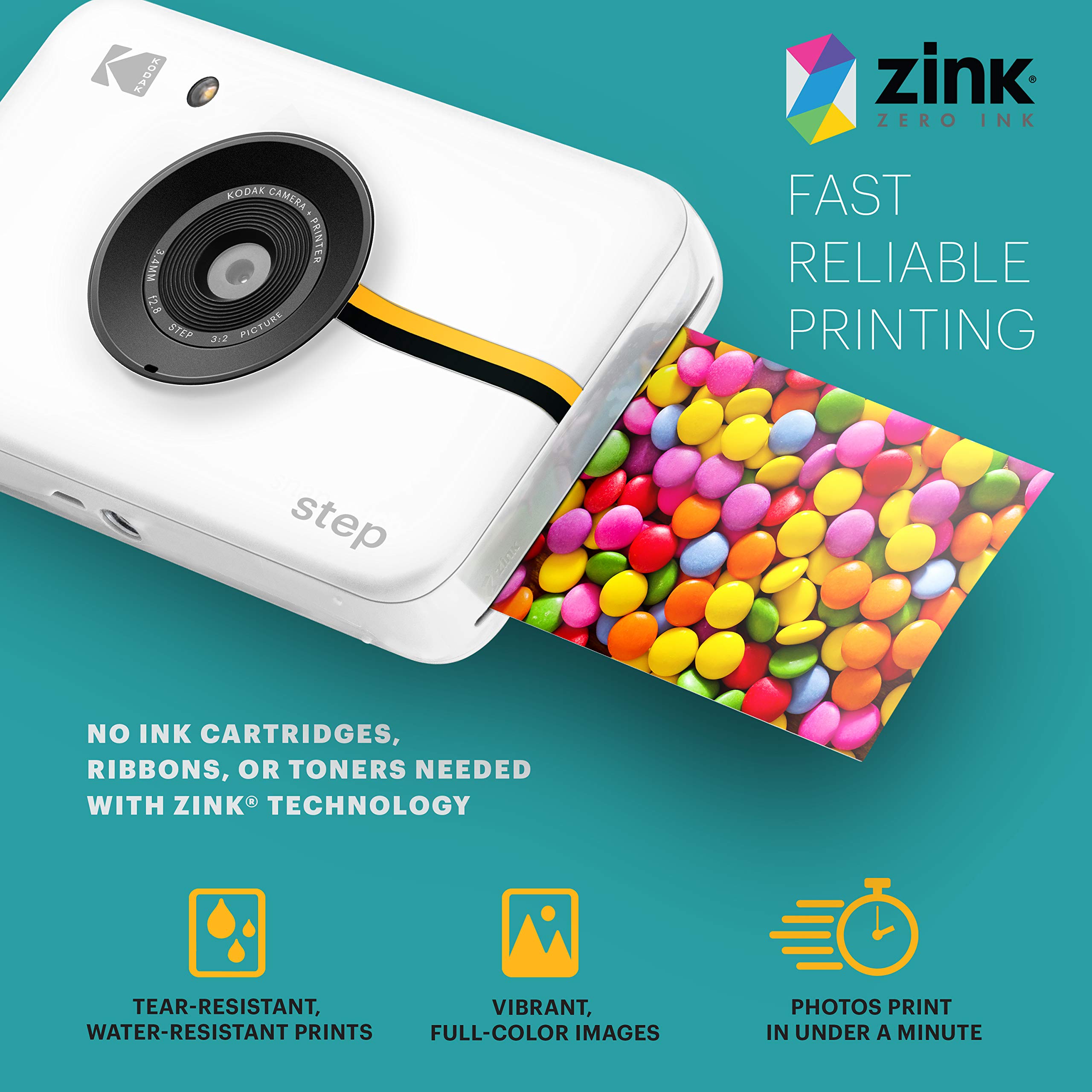 Kodak Step Camera Instant Camera with 10MP Image Sensor, ZINK Zero Ink Technology, Classic Viewfinder, Selfie Mode, Auto Timer, Built-in Flash & 6 Picture Modes | White.