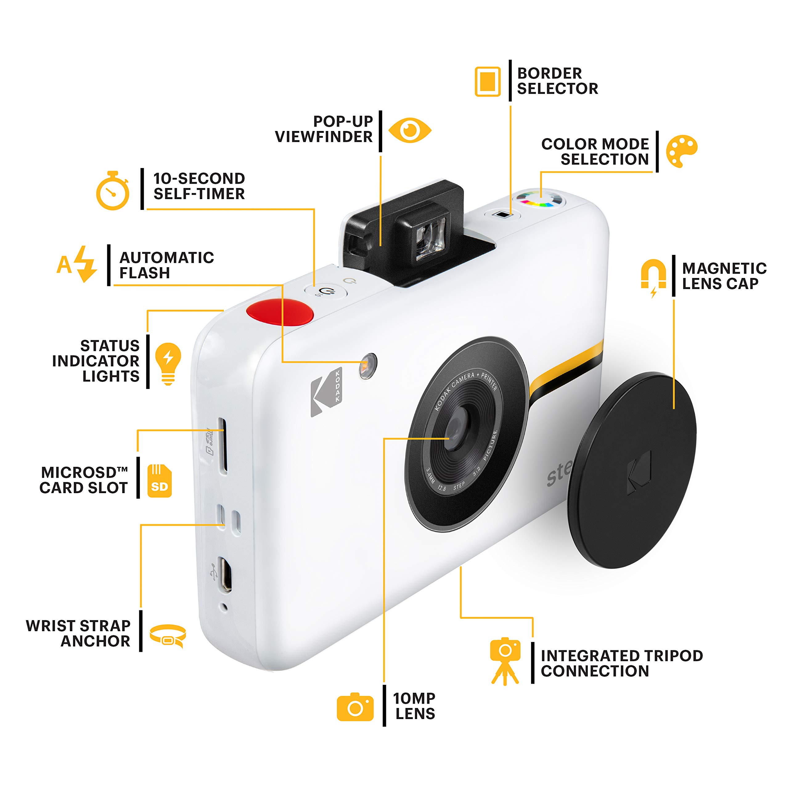 Kodak Step Camera Instant Camera with 10MP Image Sensor, ZINK Zero Ink Technology, Classic Viewfinder, Selfie Mode, Auto Timer, Built-in Flash & 6 Picture Modes | White.