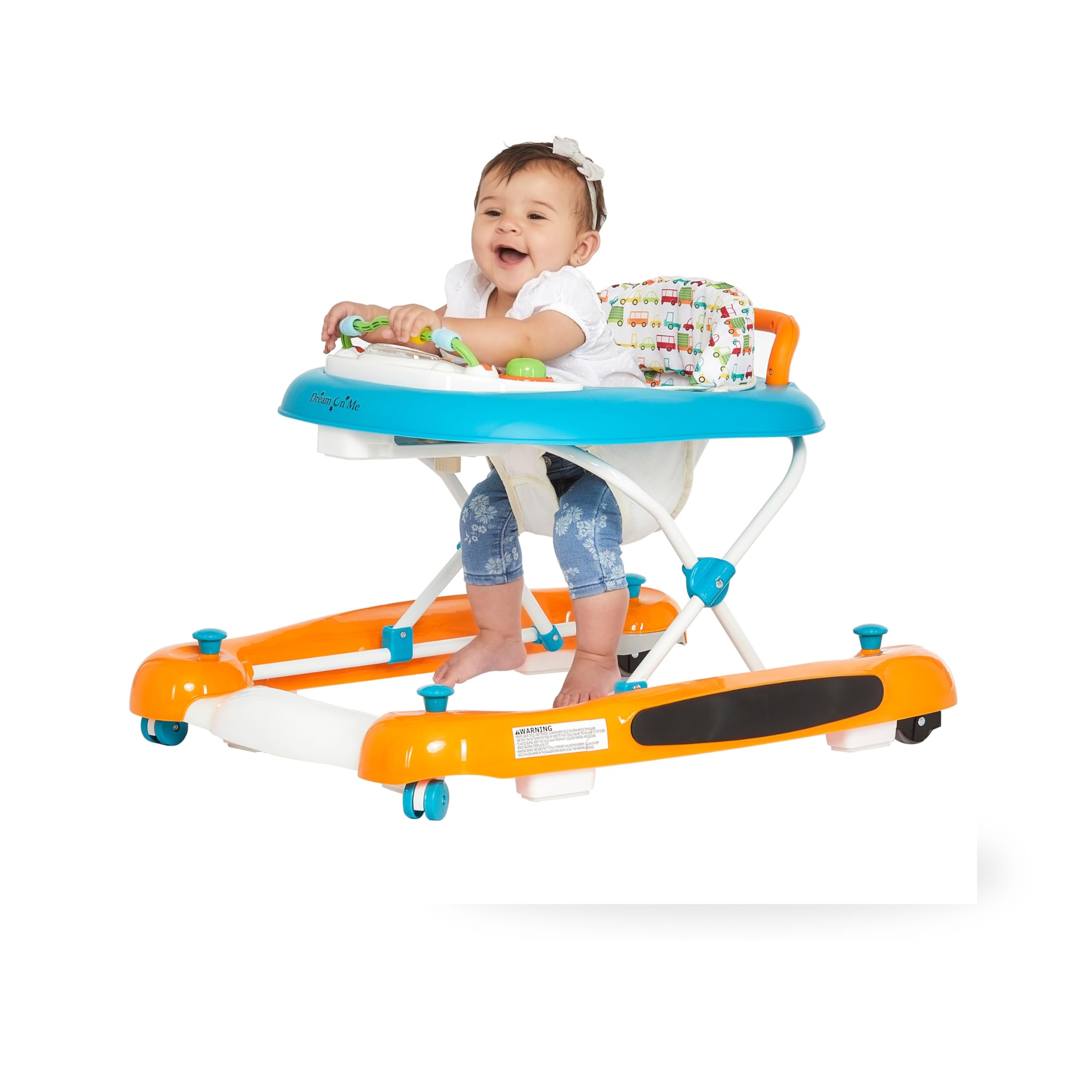 Dream On Me Go-Getter Baby Walker and Walk Behind Walker, Adjustable Seat Height, Comfortable Padded Seat, Easy to Fold, Pack and Store, Detachable Fun Tray, Orange