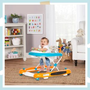 Dream On Me Go-Getter Baby Walker and Walk Behind Walker, Adjustable Seat Height, Comfortable Padded Seat, Easy to Fold, Pack and Store, Detachable Fun Tray, Orange