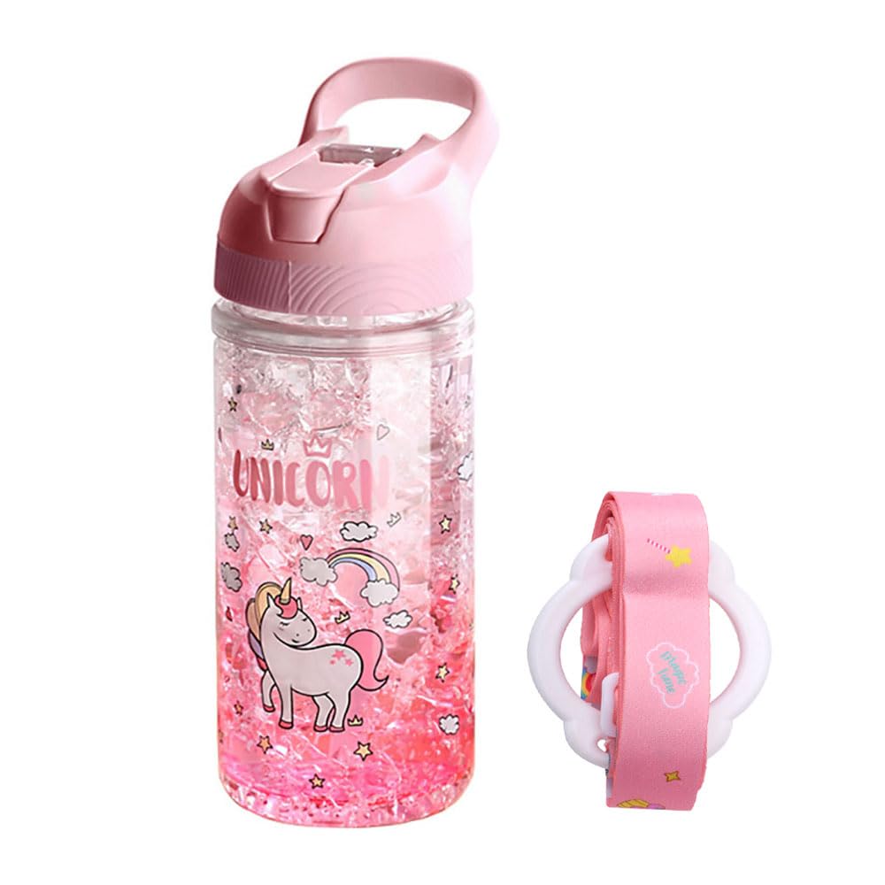 XinHuiGY Unicorn Water Bottles for Girls,Cute Cup with Straw and Safety Lock, Outdoor Indoor Pink Water Bottle with shoulder strap,400ML/13.5oz Kawaii water bottle for girl boy unicorn lover