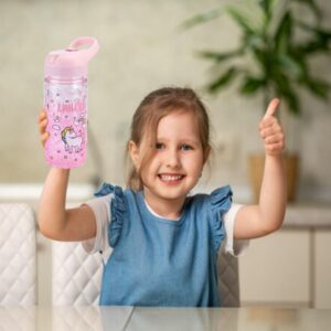 XinHuiGY Unicorn Water Bottles for Girls,Cute Cup with Straw and Safety Lock, Outdoor Indoor Pink Water Bottle with shoulder strap,400ML/13.5oz Kawaii water bottle for girl boy unicorn lover