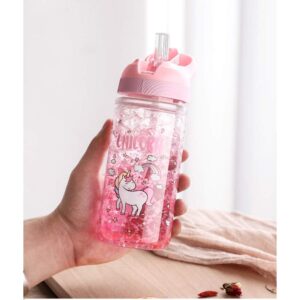 XinHuiGY Unicorn Water Bottles for Girls,Cute Cup with Straw and Safety Lock, Outdoor Indoor Pink Water Bottle with shoulder strap,400ML/13.5oz Kawaii water bottle for girl boy unicorn lover