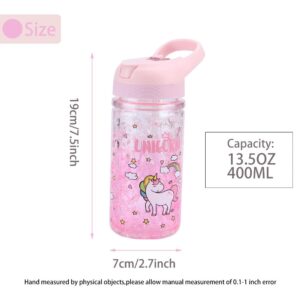 XinHuiGY Unicorn Water Bottles for Girls,Cute Cup with Straw and Safety Lock, Outdoor Indoor Pink Water Bottle with shoulder strap,400ML/13.5oz Kawaii water bottle for girl boy unicorn lover