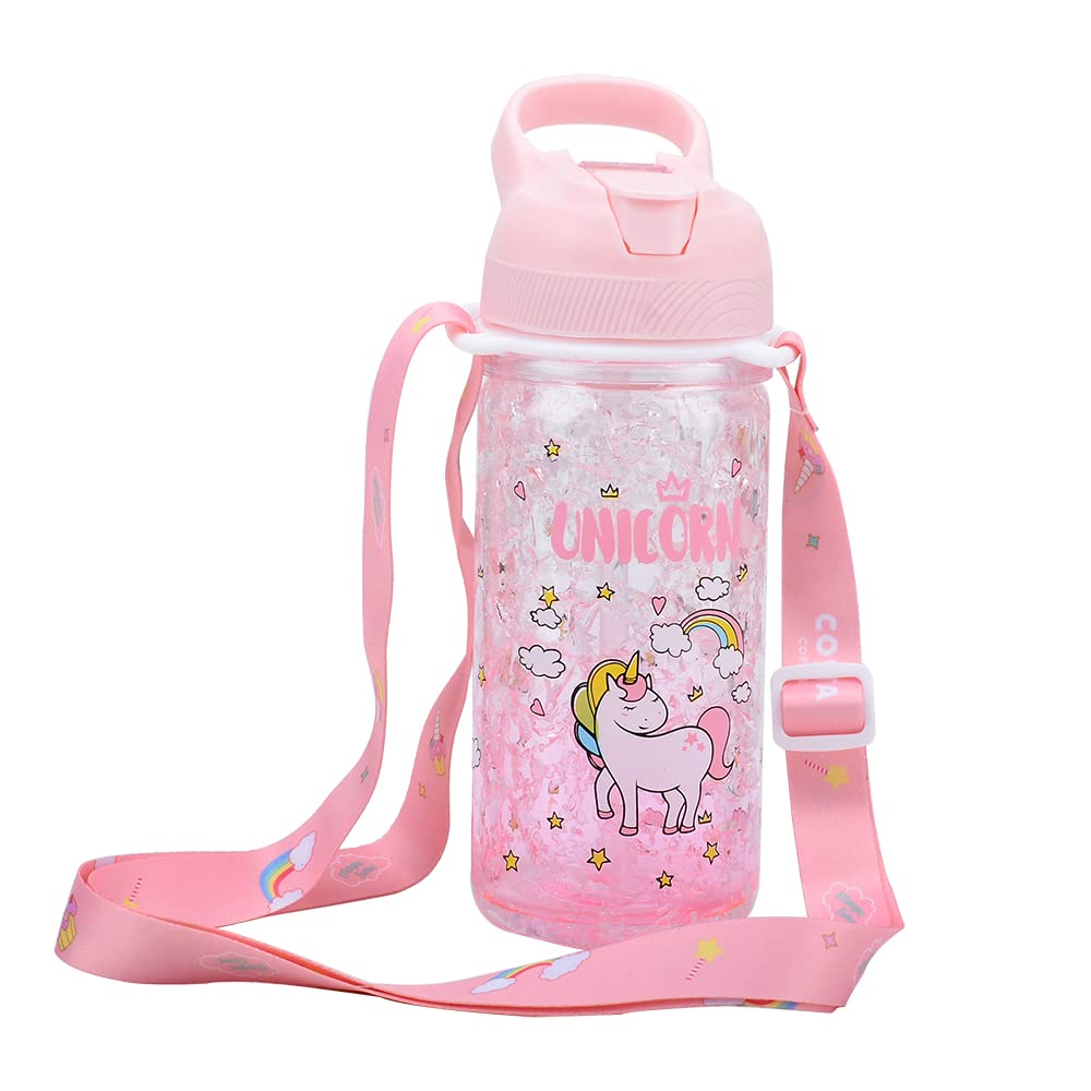 XinHuiGY Unicorn Water Bottles for Girls,Cute Cup with Straw and Safety Lock, Outdoor Indoor Pink Water Bottle with shoulder strap,400ML/13.5oz Kawaii water bottle for girl boy unicorn lover