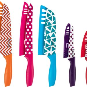 MICHELANGELO Kitchen Knife Set, 10 Piece with Nonstick Colored Coating, Sharp Stainless Steel Kitchen Knife Set, 5 Patterned Knives & 5 Sheath Covers