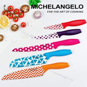 MICHELANGELO Kitchen Knife Set, 10 Piece with Nonstick Colored Coating, Sharp Stainless Steel Kitchen Knife Set, 5 Patterned Knives & 5 Sheath Covers