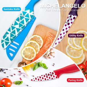 MICHELANGELO Kitchen Knife Set, 10 Piece with Nonstick Colored Coating, Sharp Stainless Steel Kitchen Knife Set, 5 Patterned Knives & 5 Sheath Covers