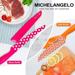 MICHELANGELO Kitchen Knife Set, 10 Piece with Nonstick Colored Coating, Sharp Stainless Steel Kitchen Knife Set, 5 Patterned Knives & 5 Sheath Covers