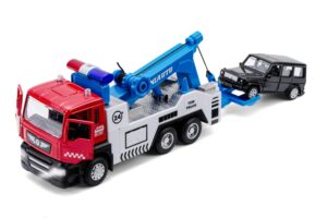 haomsj toy tow truck pull back toy cars miniature carrier truck toy for boys and girls, lights and sound