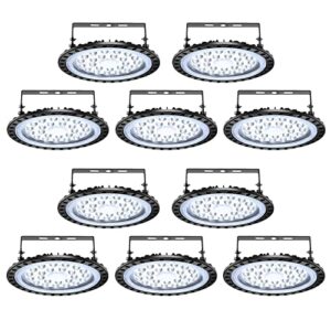 viugreum 10 pack 100w ufo led high bay lights, 10000lm 6500k daylight white led bay light fixtures, ip65 waterproof commercial warehouse lighting workshop indoor outdoor area light