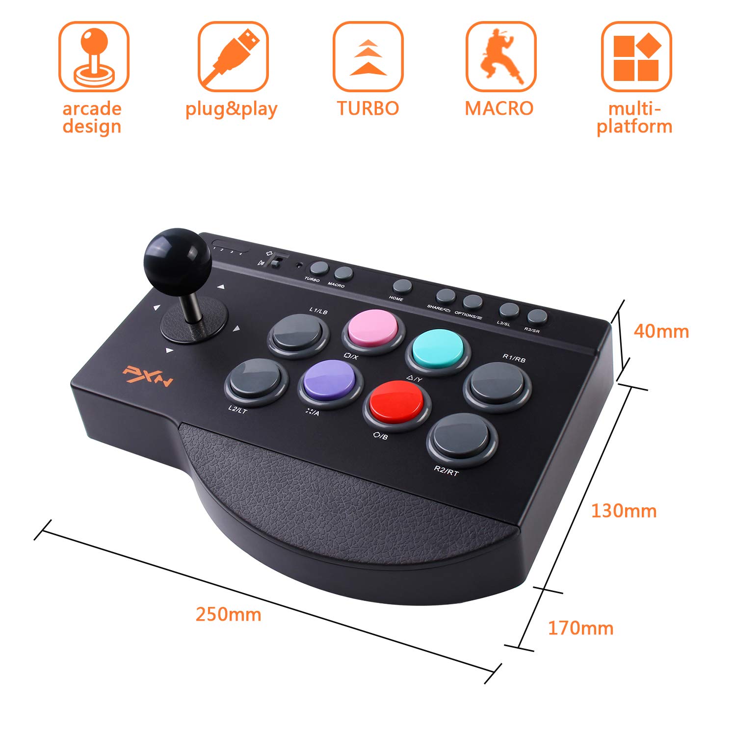 PXN Arcade Fight Stick Joystick for Xbox One, Xbox Series X|S PC,Switch,PS4,PS3,Android TV Box, Nintendo,Windows,with USB Port,Turbo & Macro Functions Game Controllers