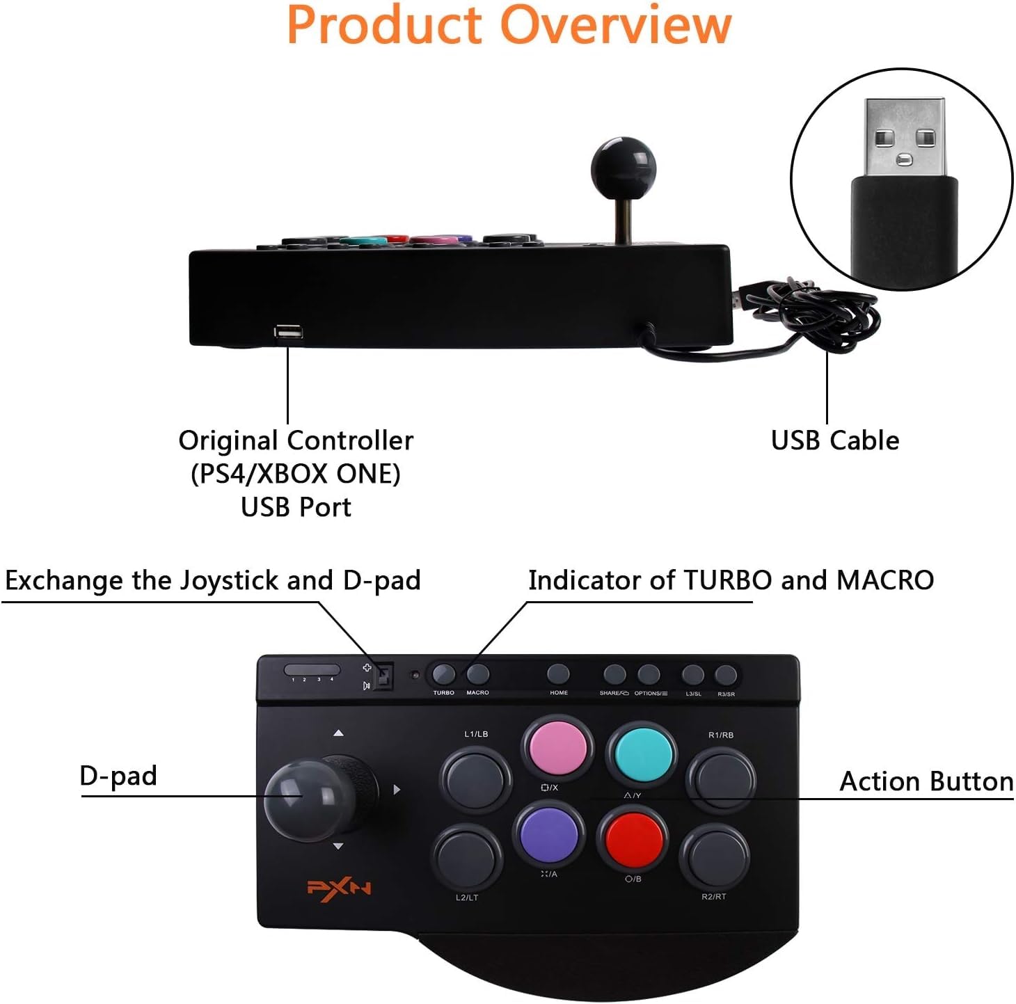 PXN Arcade Fight Stick Joystick for Xbox One, Xbox Series X|S PC,Switch,PS4,PS3,Android TV Box, Nintendo,Windows,with USB Port,Turbo & Macro Functions Game Controllers