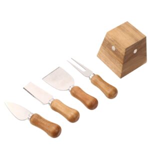 olelo 4 Pieces Cheese Knives Set Includes 4 Stainless Steel Cheese Slicer Cheese Cutter with Wooden Handle & 1 Wooden Magnetic Block Stand…