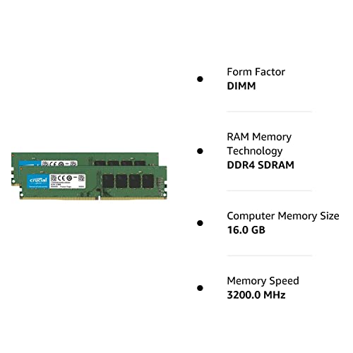 Crucial RAM 16GB Kit (2x8GB) DDR4 3200MHz CL22 (or 2933MHz or 2666MHz) Desktop Memory CT2K8G4DFRA32A