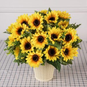 MARTINE MALL Artificial Sunflower Bouquet 2 Bunches Silk Sunflowers with Stems Leaves Fake Yellow Sunflowers Bundles for Wedding Bridal Party Garden Home Hotel Decor