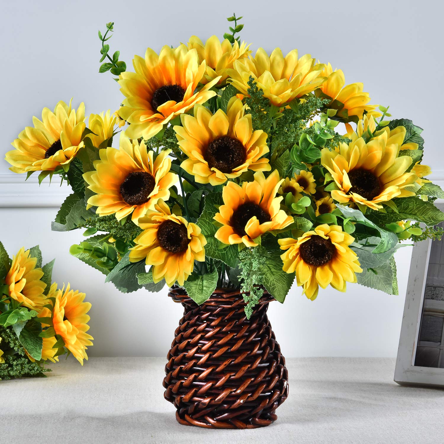 MARTINE MALL Artificial Sunflower Bouquet 2 Bunches Silk Sunflowers with Stems Leaves Fake Yellow Sunflowers Bundles for Wedding Bridal Party Garden Home Hotel Decor