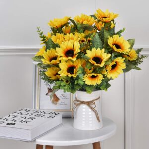 MARTINE MALL Artificial Sunflower Bouquet 2 Bunches Silk Sunflowers with Stems Leaves Fake Yellow Sunflowers Bundles for Wedding Bridal Party Garden Home Hotel Decor