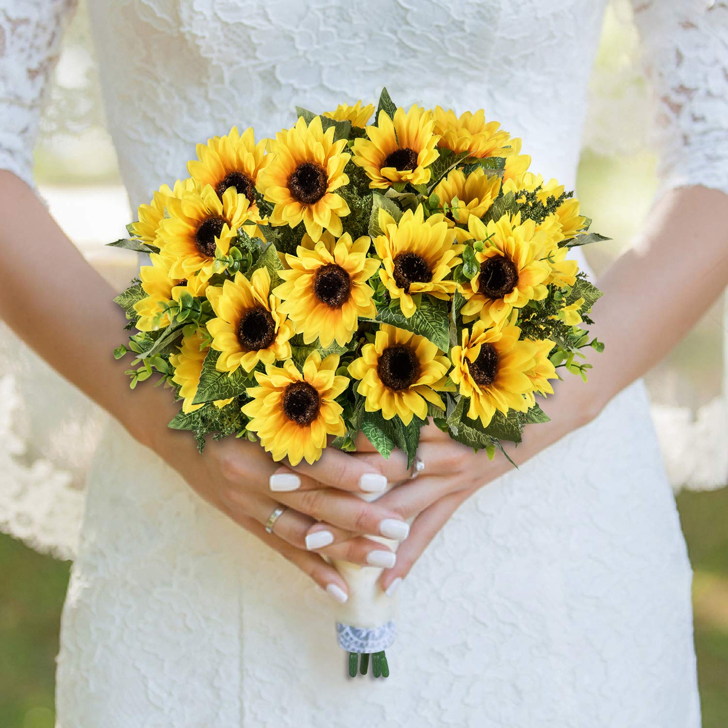 MARTINE MALL Artificial Sunflower Bouquet 2 Bunches Silk Sunflowers with Stems Leaves Fake Yellow Sunflowers Bundles for Wedding Bridal Party Garden Home Hotel Decor