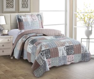 brilliant sunshine latte grey paris and toile floral patchwork, 2-piece quilt set with 1 sham, reversible bedspread, soft lightweight coverlet, all-season, twin, latte grey