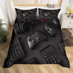 modern gamepad bedding set, boys youth video game controller mouse keyboard headphone gaming equipment comforter cover, decorative 3 piece duvet cover with 2 pillow shams, queen size, red black white