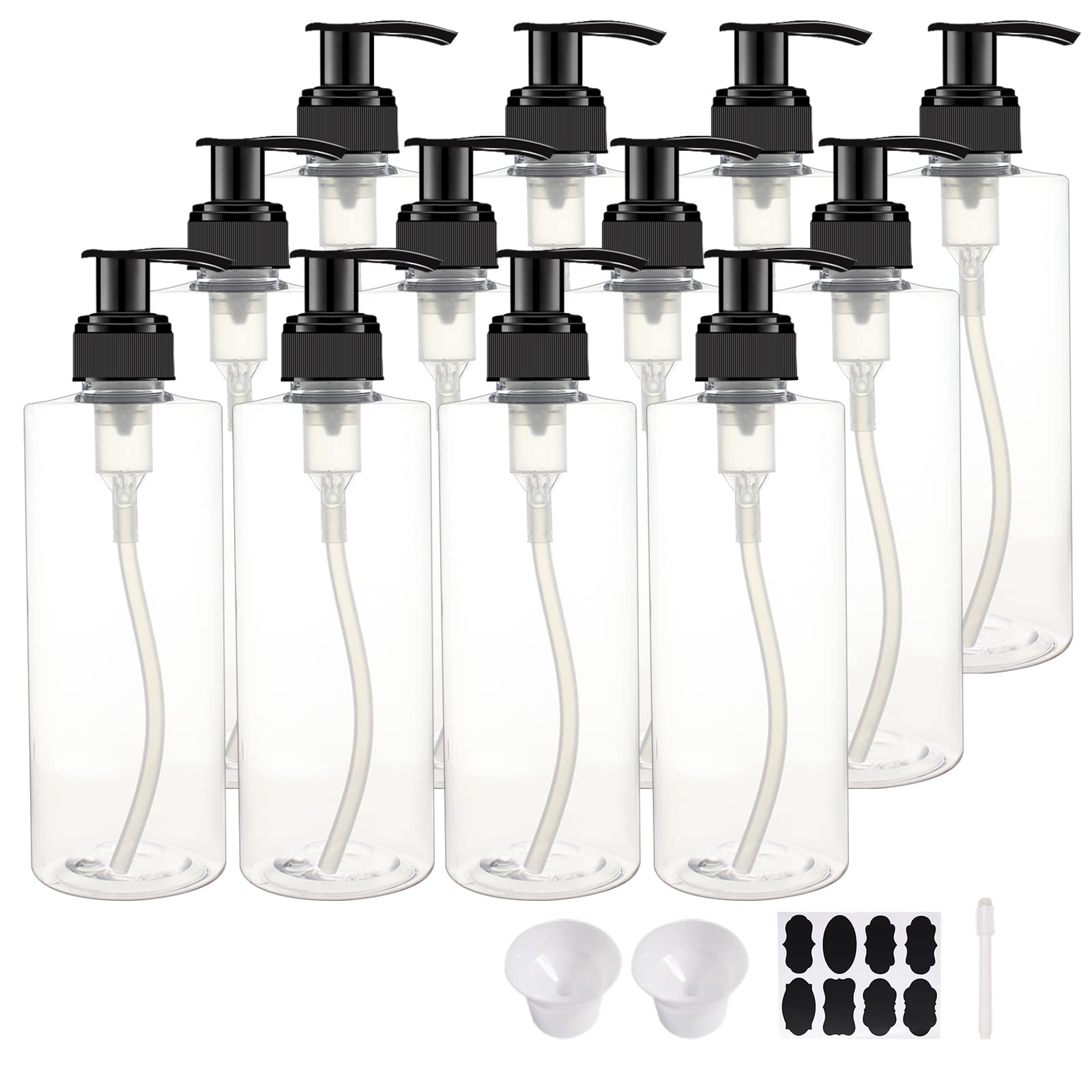 BPFY 12 Pack 8 oz Plastic Pump Dispenser Bottles for Massage Oil, Shampoo, Lotions, Body Wash Pump Bottles, Cream Refillable Containers with Pump, 2 Funnel, 18 Chalk Labels