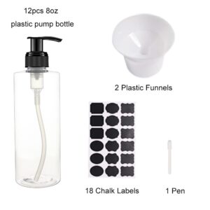 BPFY 12 Pack 8 oz Plastic Pump Dispenser Bottles for Massage Oil, Shampoo, Lotions, Body Wash Pump Bottles, Cream Refillable Containers with Pump, 2 Funnel, 18 Chalk Labels