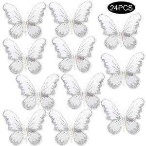 rtway glitter christmas butterfly, 24 pcs 3d glitter artificial butterfly clip on christmas tree ornaments for wedding holiday party home decor