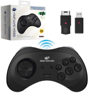 retro-bit official sega saturn 2.4 ghz wireless controller for sega saturn, sega genesis mini, switch, ps3, pc, mac - includes 2 receivers & storage case (black)