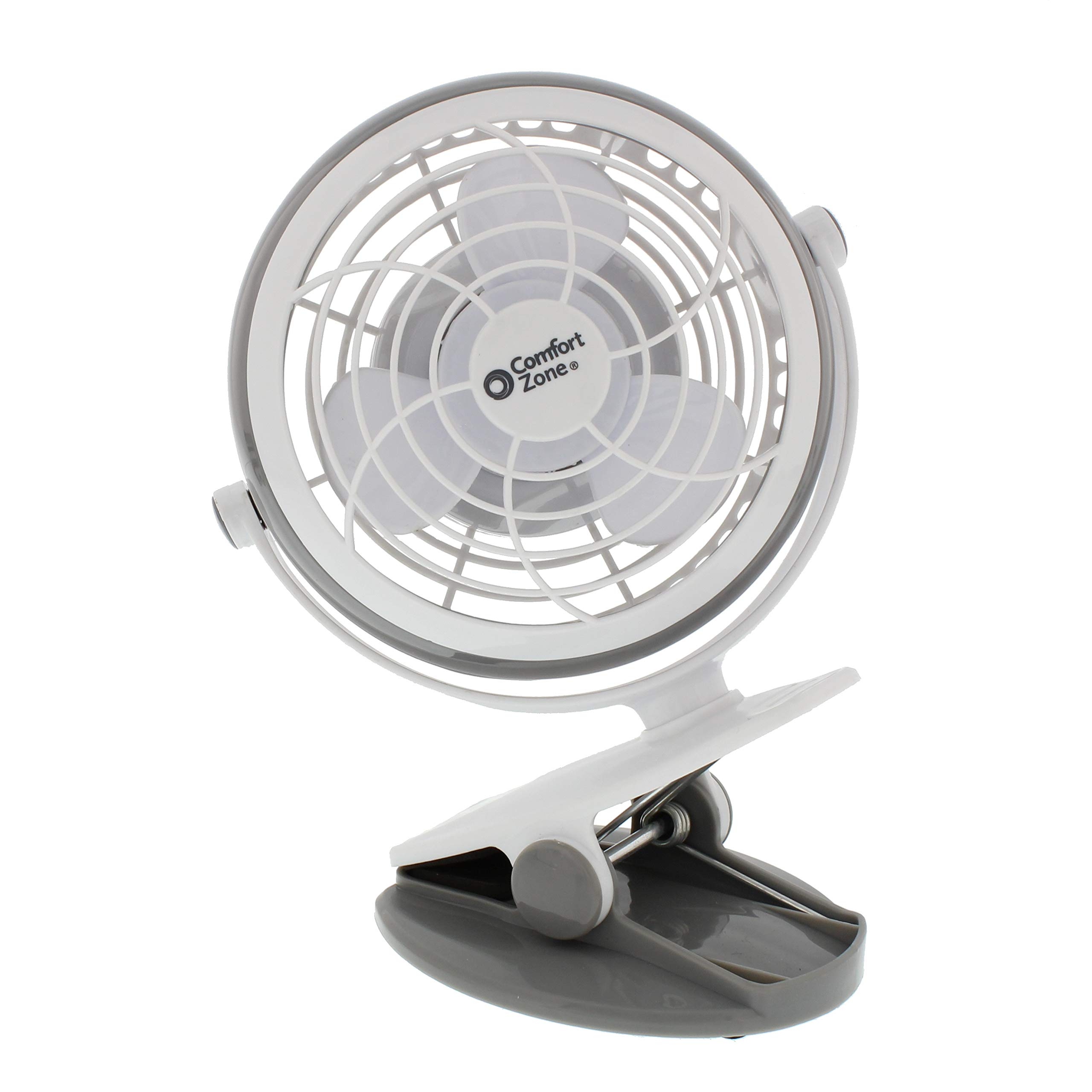 Comfort Zone Dual Base Combo Clip or Desk Fan, USB or Battery Powered, 4 inch, Single Speed Setting, Adjustable Tilt, Lightweight, Ideal for Home, Bedroom, Office, or Dorm, CZBT4GR