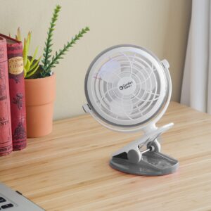 Comfort Zone Dual Base Combo Clip or Desk Fan, USB or Battery Powered, 4 inch, Single Speed Setting, Adjustable Tilt, Lightweight, Ideal for Home, Bedroom, Office, or Dorm, CZBT4GR