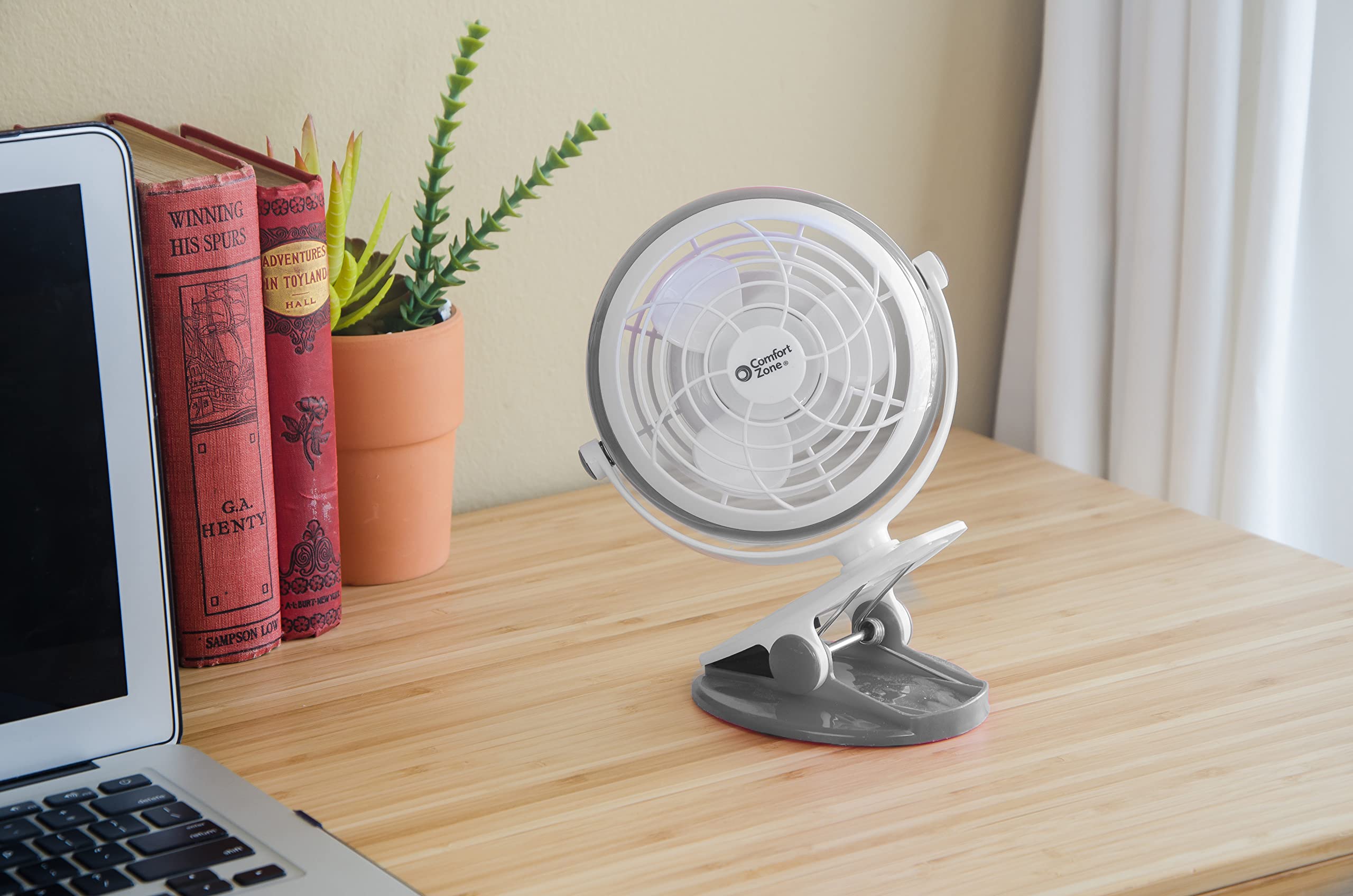 Comfort Zone Dual Base Combo Clip or Desk Fan, USB or Battery Powered, 4 inch, Single Speed Setting, Adjustable Tilt, Lightweight, Ideal for Home, Bedroom, Office, or Dorm, CZBT4GR