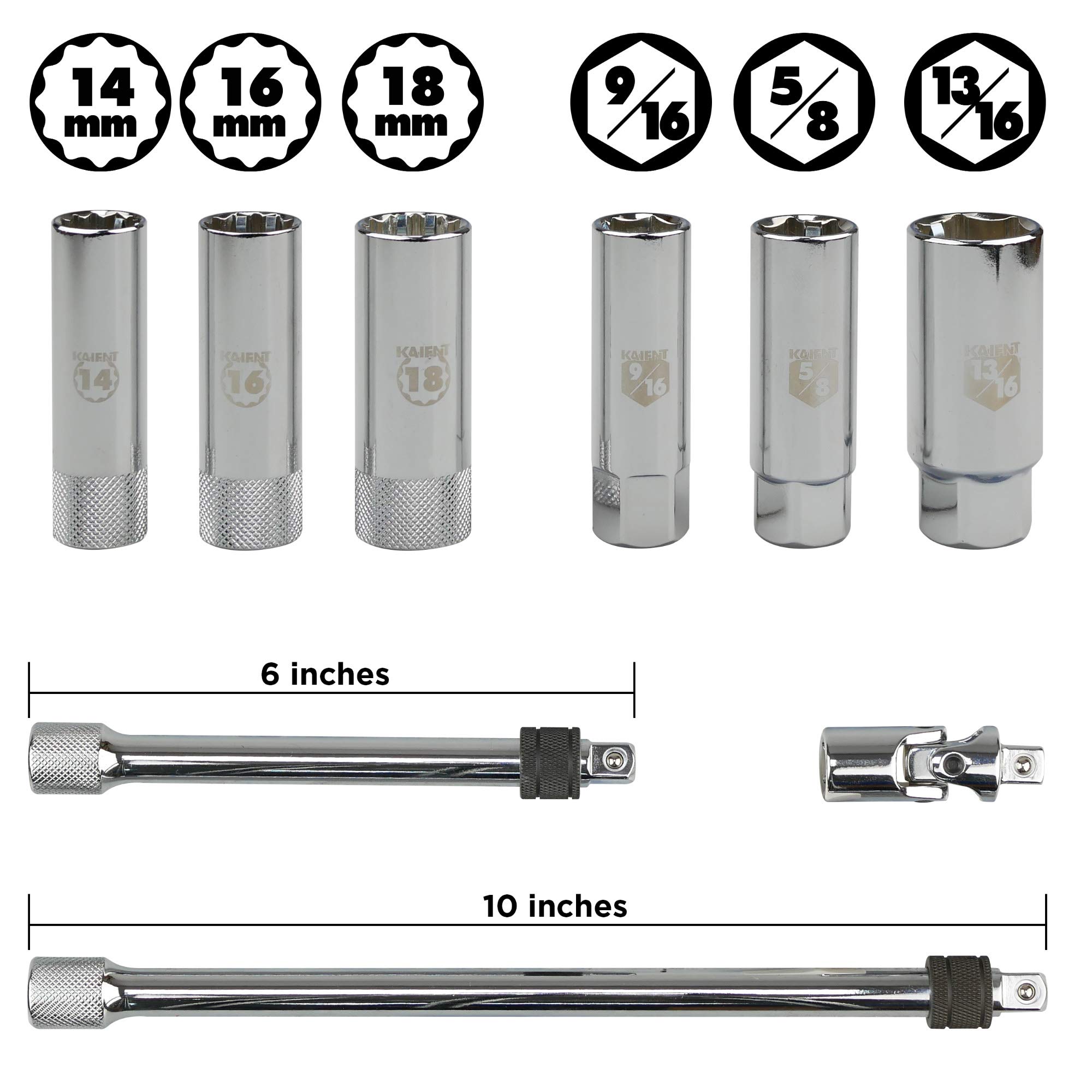 KAIFNT K201 Comprehensive Spark Plug Socket Set with Locking Extensions, 3/8-Inch Drive, 9-Piece