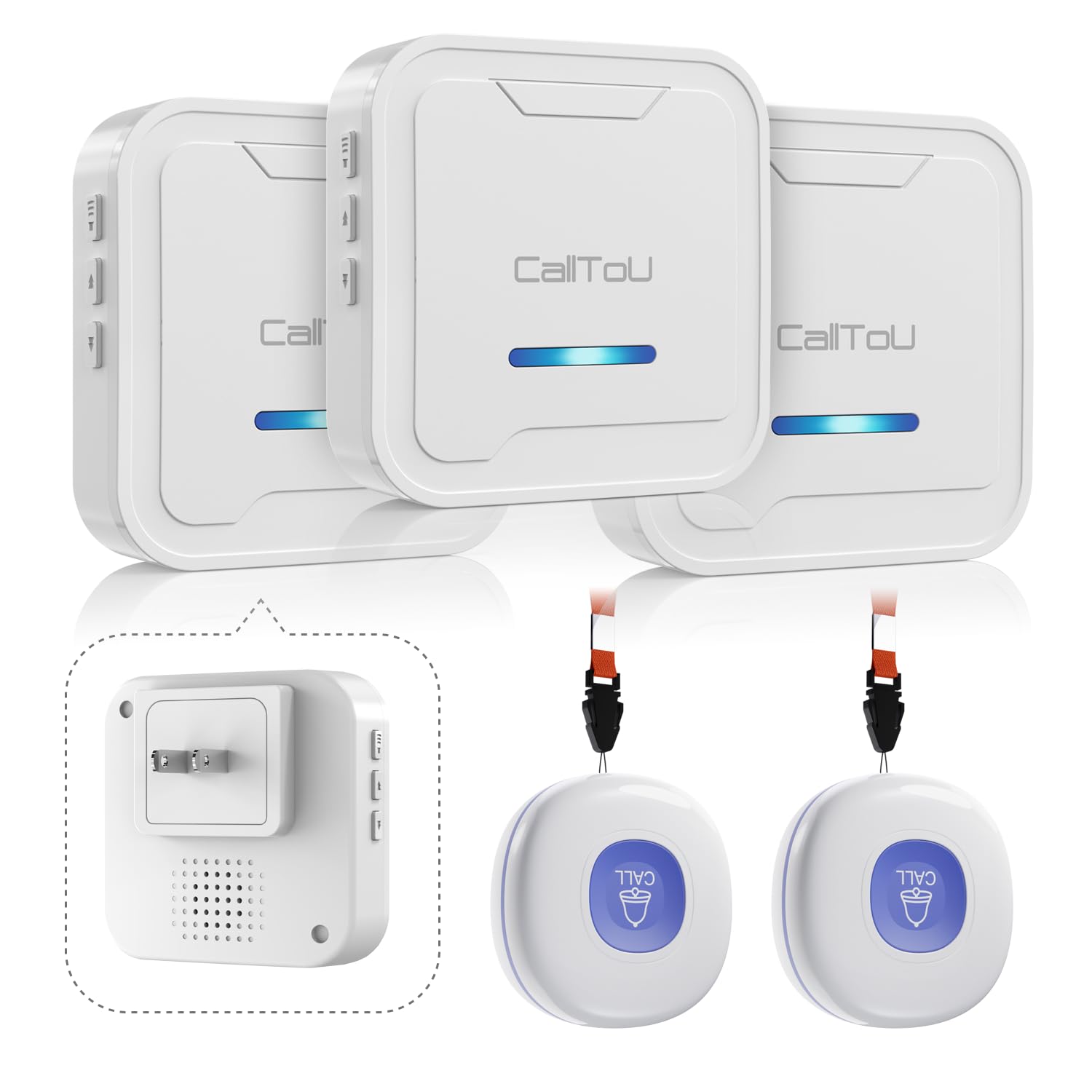 CallToU Caregiver Pager Call Button System 500FT, Nurse Alert System Call Bell for Home/Elderly/Patients/Disabled with 2 Plug-in Receivers 2 SOS Waterproof Transmitters/Buttons