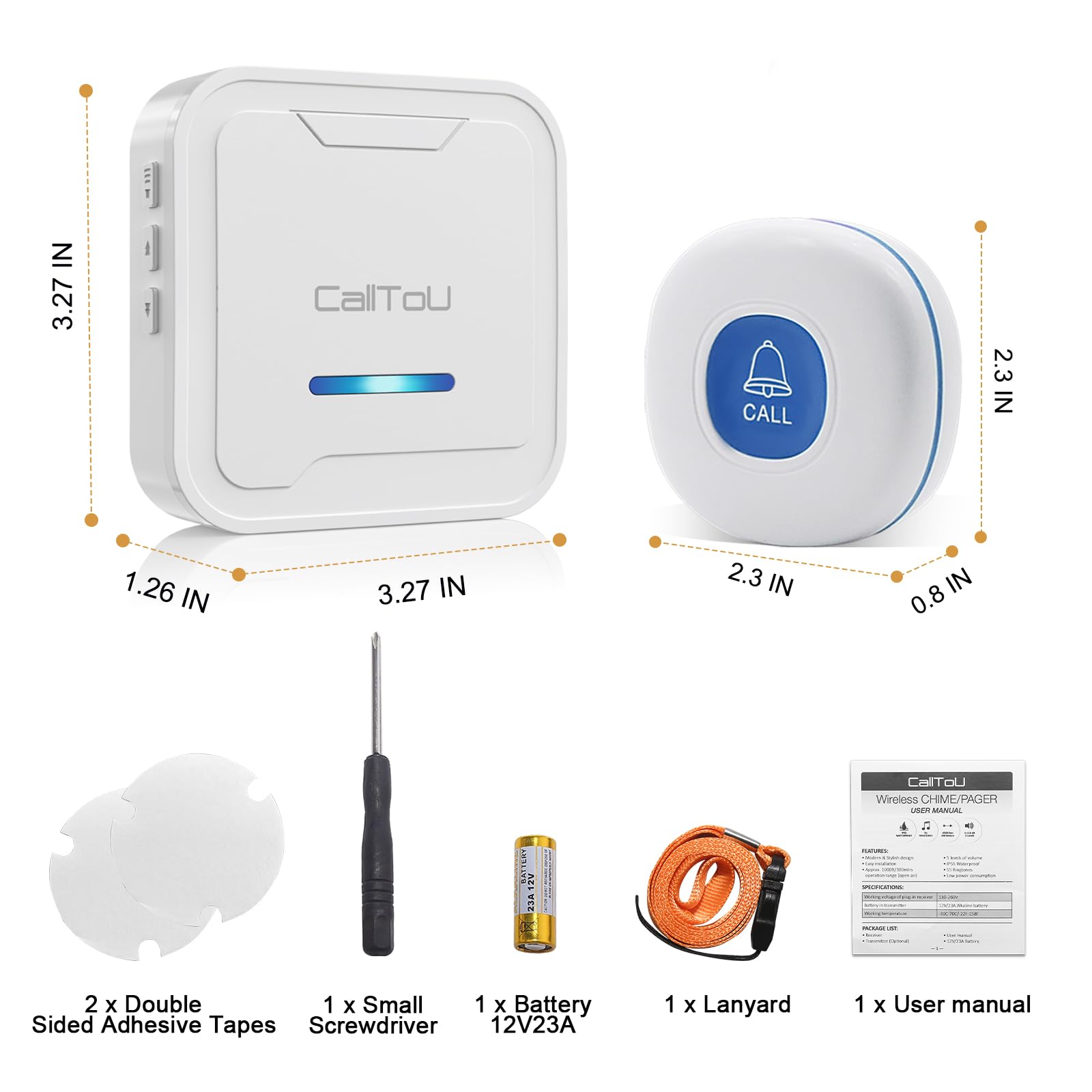 CallToU Caregiver Pager Call Button System 500FT, Nurse Alert System Call Bell for Home/Elderly/Patients/Disabled with 2 Plug-in Receivers 2 SOS Waterproof Transmitters/Buttons