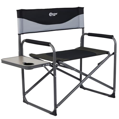 PORTAL 27.6 Inch Extra Wide Directors Foldable XXL Folding Chair with Side Table for Outdoors and Indoors, Heavy Duty Supports 600 LBS, Black/Grey