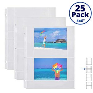 Dunwell Photo Album Refill Pages - (4x6 Horizontal, 25 Pack) for 100 Photos, 3-Ring Binder Photo Pockets, Each Photo Page Holds Four 4 x 6 Pictures, Postcard Sleeves, Archival Photo Sleeves 4x6