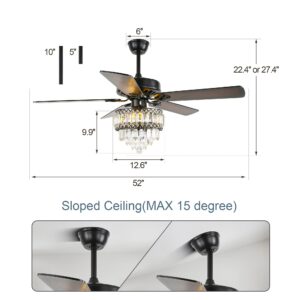 FebFurniture 52" Crystal Ceiling Fan Fandelier with Lights and Remote Control Modern Chandelier Ceiling Fan with Reversible Blades, Silent Motor, 3 Speed, 4 Timing Options, Chrome