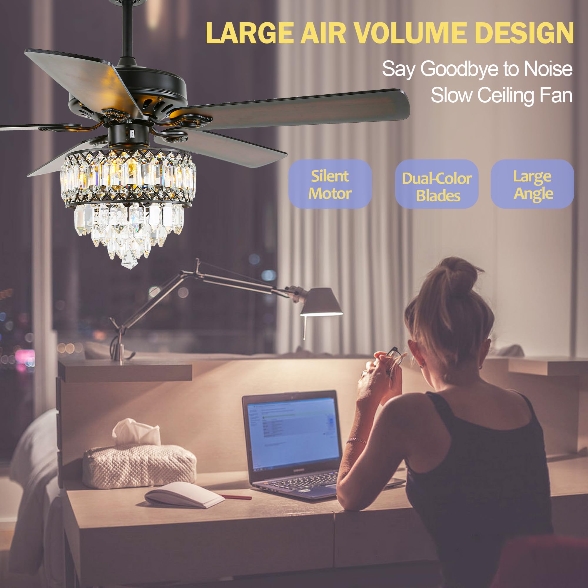 FebFurniture 52" Crystal Ceiling Fan Fandelier with Lights and Remote Control Modern Chandelier Ceiling Fan with Reversible Blades, Silent Motor, 3 Speed, 4 Timing Options, Chrome